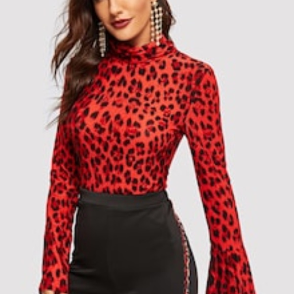 Tops | New Red Leopard Print Bell Sleeve Turtleneck | Poshmark